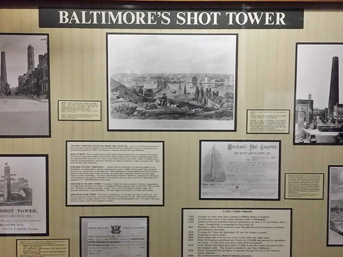 A museum display chronicles the tower's storied past, when Baltimore was America's industrial powerhouse and lead shot rained inside these walls.