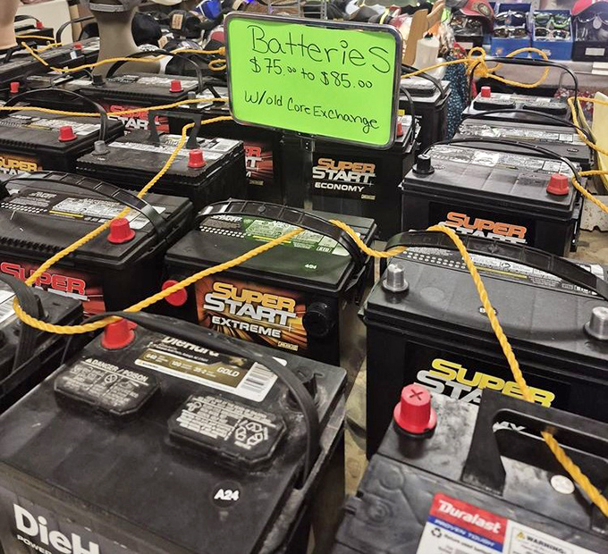 Car trouble? These Super Start batteries await their second act, proving that at Eden Flea Market, even automotive necessities get a curtain call.