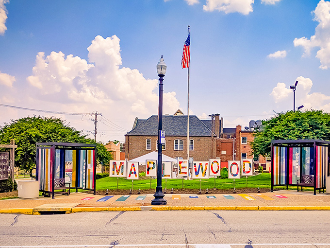 The colorful Maplewood sign welcomes visitors with Midwestern charm and a splash of artistic flair &ndash; small-town hospitality with metropolitan sensibilities.