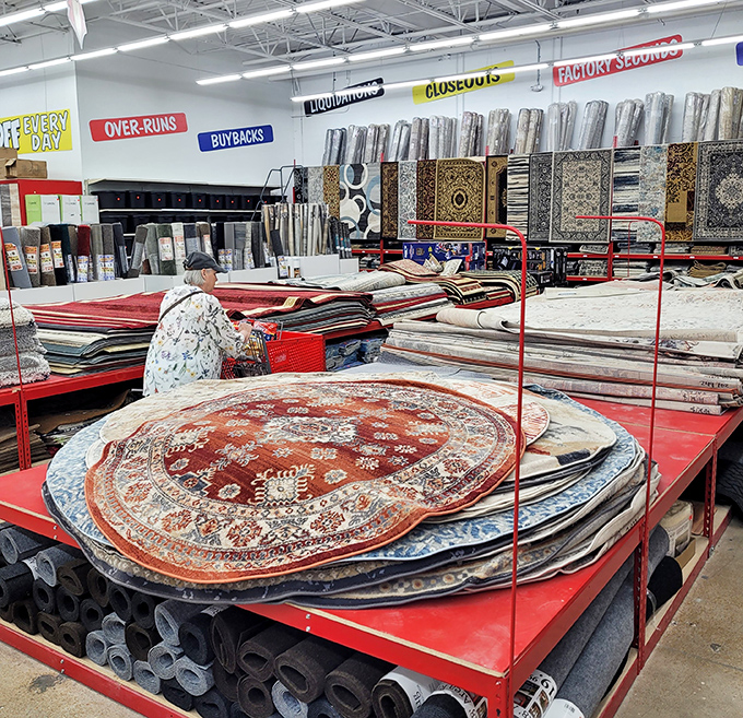 Persian dreams meet Missouri reality as rugs pile high, turning floor shopping into an archaeological dig for deals.