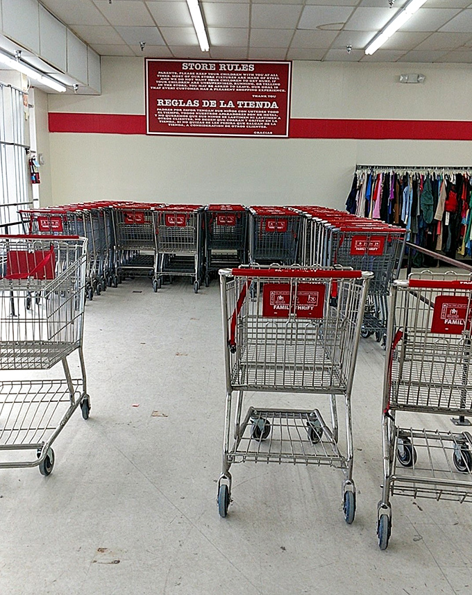 The red shopping carts stand at attention, ready for their mission to help you navigate this sea of secondhand treasures.