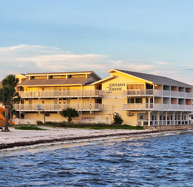 Cedar Cove's golden-hour glow transforms this waterfront accommodation into the kind of place where retirement dreams are hatched over sunset cocktails and Gulf breezes.