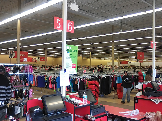 Numbered sections and clear signage make navigating this thrifting paradise easier than finding your way through a mall during holiday season.