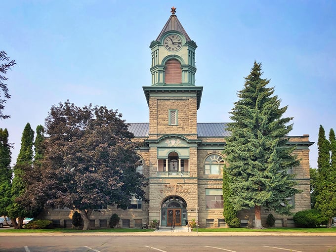 The Baker County Courthouse stands like a dignified elder statesman, its clock tower keeping watch over the town since horses were the primary transportation.