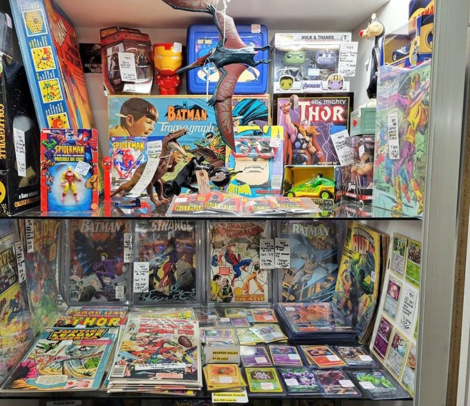 Holy comic book paradise, Batman! Vintage superheroes stand guard over their paper kingdoms, ready to leap back into action for the right collector.