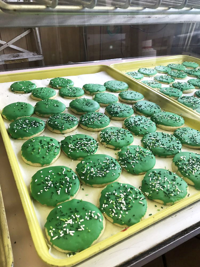 St. Patrick's Day brings these vibrant green cookies to the display case. Like edible poker chips in a casino of carbs, they're a festive bet that always pays off.