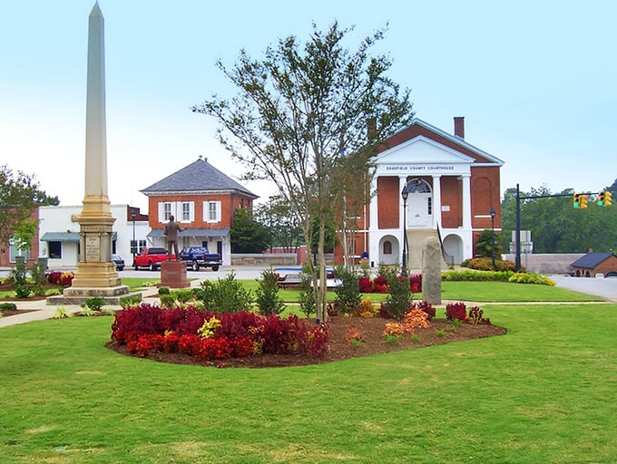 The courthouse square serves as Edgefield's living room, where manicured gardens and historic monuments create a gathering place that's both dignified and welcoming.