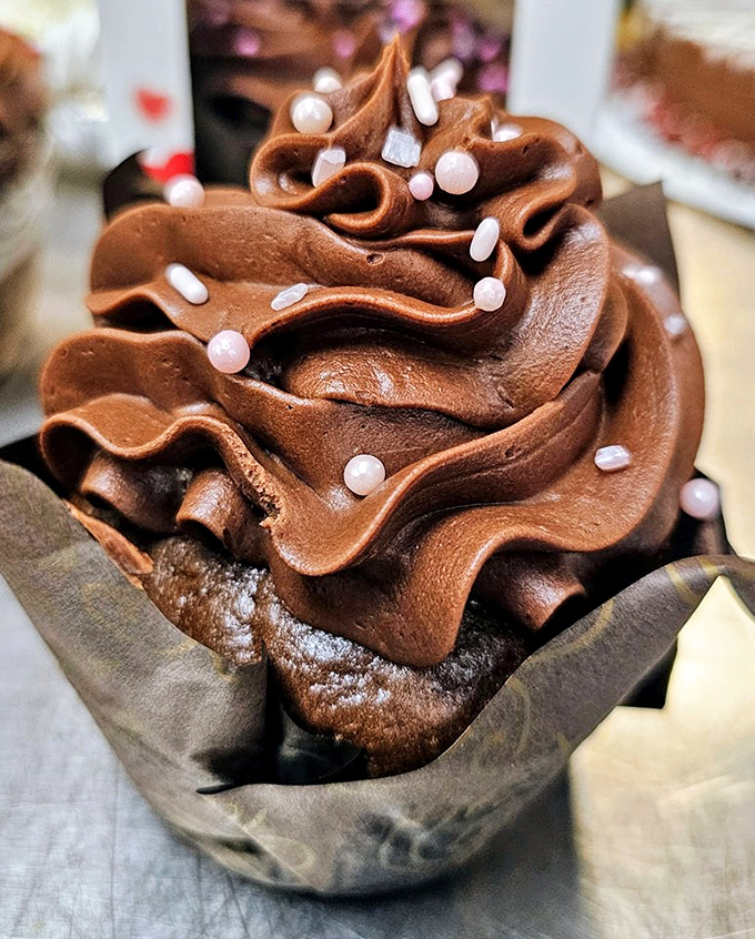 This chocolate cupcake isn't just dessert, it's performance art. Those pearl sprinkles are like tiny spotlights on a chocolate stage that deserves a standing ovation.