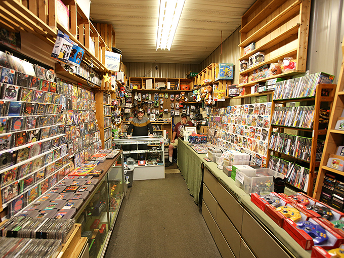 A vinyl lover's paradise where forgotten albums and cinematic treasures line the walls like a physical manifestation of your childhood memories.