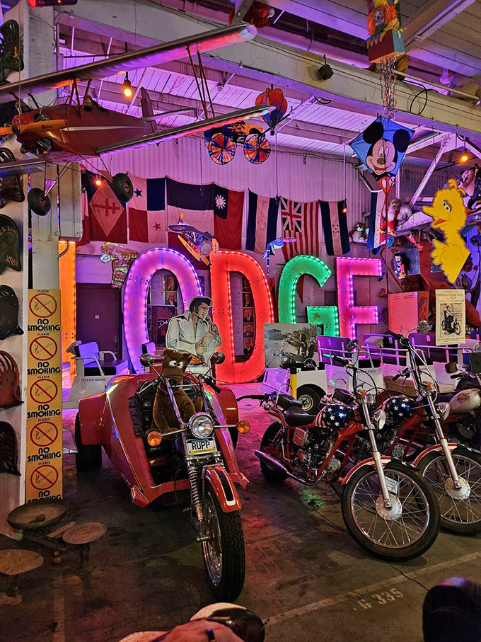 Where Elvis lives forever among chrome motorcycles and glowing letters. This corner of American pop culture heaven makes Graceland look understated.