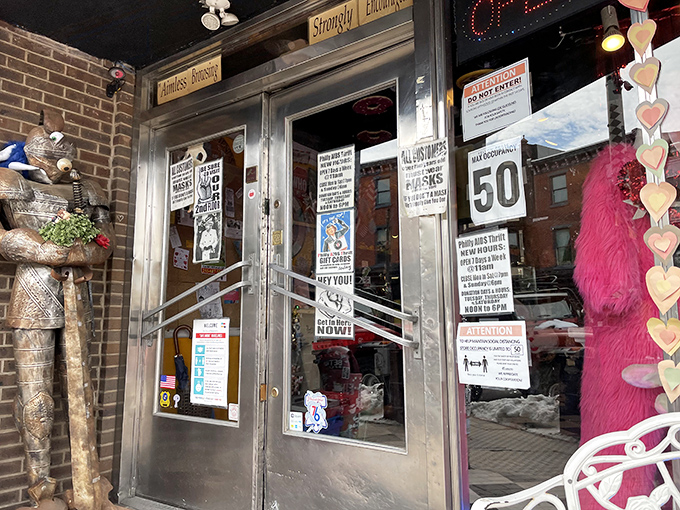 Signs, signs, everywhere signs! The entrance is plastered with community notices and store policies, creating a collage of connection before you even step inside.