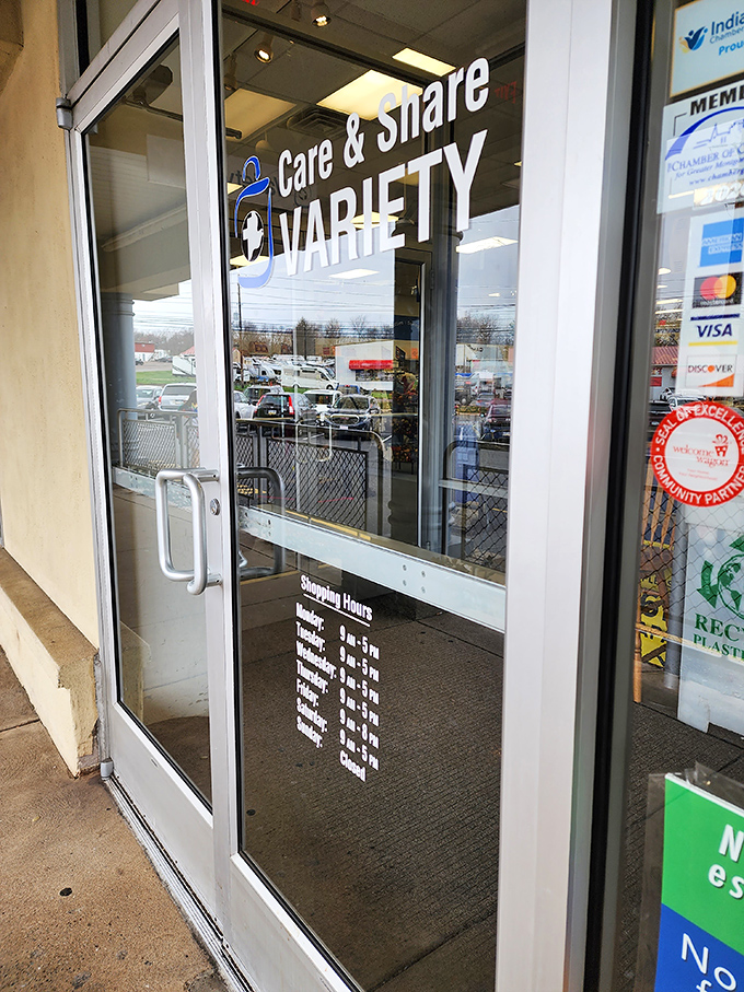 Care & Share VARIETY promises the door sign, understating what might be the greatest collection of previously-loved items this side of Pennsylvania. Hours posted for serious planning.