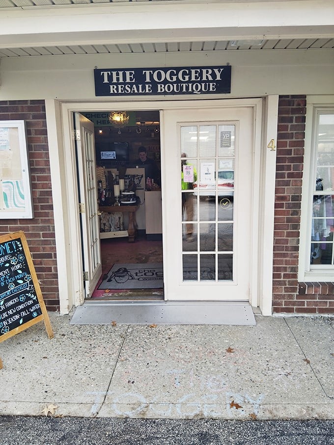 That blue sign might as well say "Abandon budget concerns, all ye who enter here"&mdash;the French doors opening to a world of sartorial possibilities.