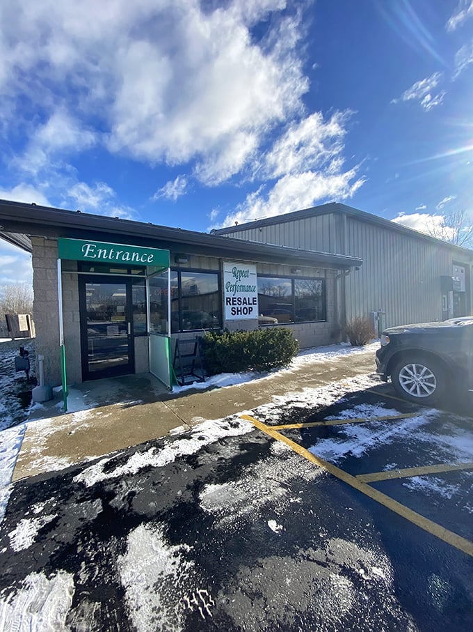 Winter can't dampen the thrill of the hunt&mdash;snow-dusted sidewalks lead to this green-awninged gateway of possibility.