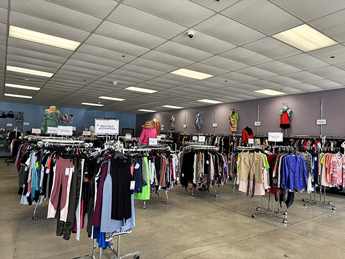 Color-coordinated clothing displays showcase endless possibilities for reinventing your wardrobe without breaking banks.