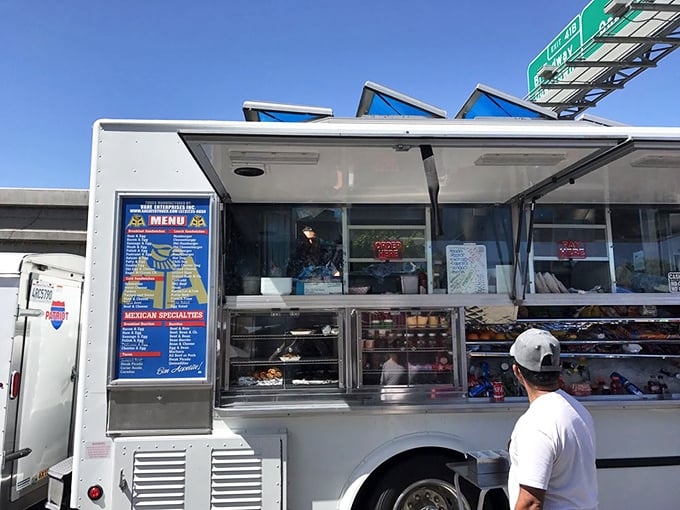 The real MVP of any flea market: food trucks serving authentic Mexican specialties that fuel serious bargain hunters.
