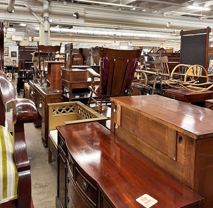 Enough vintage furniture to make your modern sofa feel deeply inadequate about its lack of character and craftsmanship.