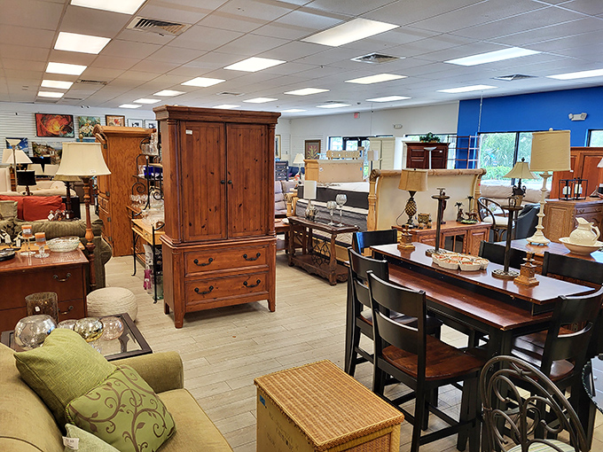 Solid wood furniture that tells stories. That armoire probably held someone's wedding dress before finding its way here, waiting for its second act.