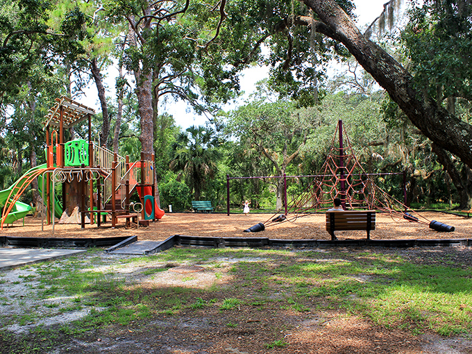 Childhood memories come alive at this shaded playground. Nature and play equipment coexist in perfect harmony&mdash;like peanut butter and jelly if they were designed by a landscape architect.