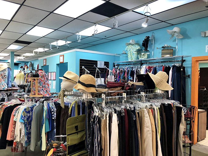 The hat and clothing section: where Florida retirees and hipsters accidentally dress identically. Those straw hats have protected more foreheads from the Florida sun than all the SPF 50 combined.