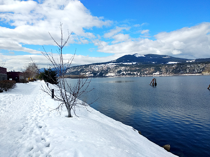 Winter transforms Hood River's waterfront into a serene landscape painting&mdash;snow, water, and mountains conspiring to create nature's perfect trifecta.