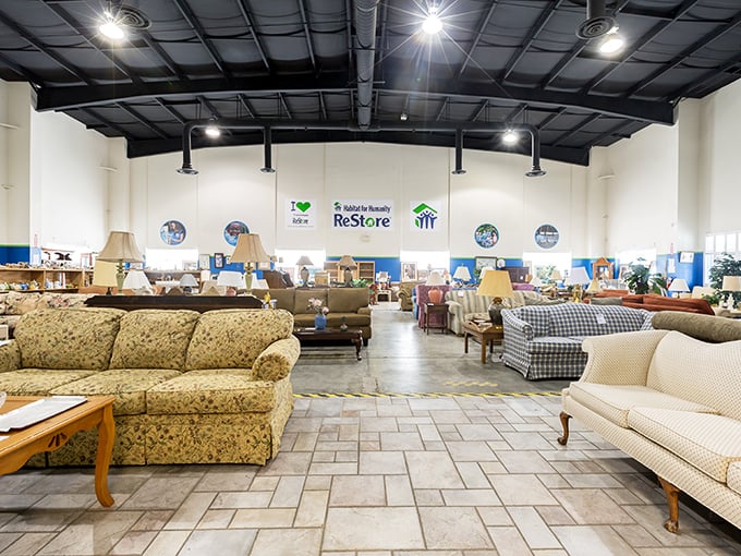 A sea of sofas in every pattern imaginable. This showroom rivals upscale furniture stores, minus the heart-stopping price tags.
