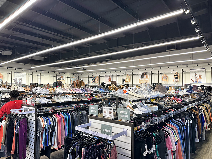 A shopper's paradise stretches before you with meticulously organized racks. Marie Kondo would definitely approve of this joyful arrangement.