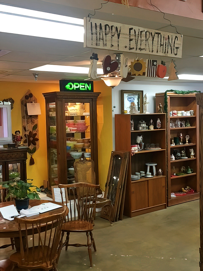 "Happy Everything" indeed! Vintage furniture and curated collectibles create rooms within rooms of possibility.