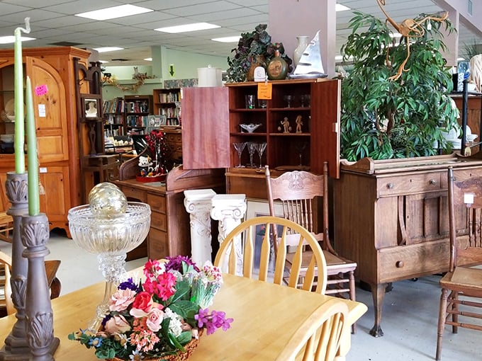 Wooden furniture heaven! This corner showcases solid craftsmanship from eras when things were built to outlast their owners.
