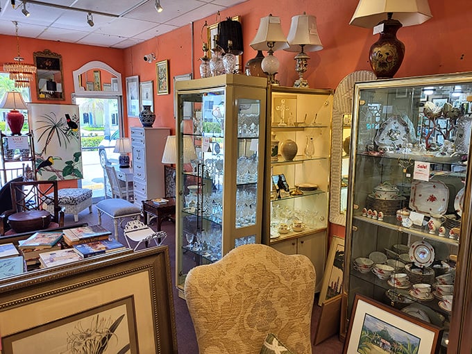 Coral walls and crystal dreams. This corner alone contains enough conversation starters to get you through a decade of dinner parties.