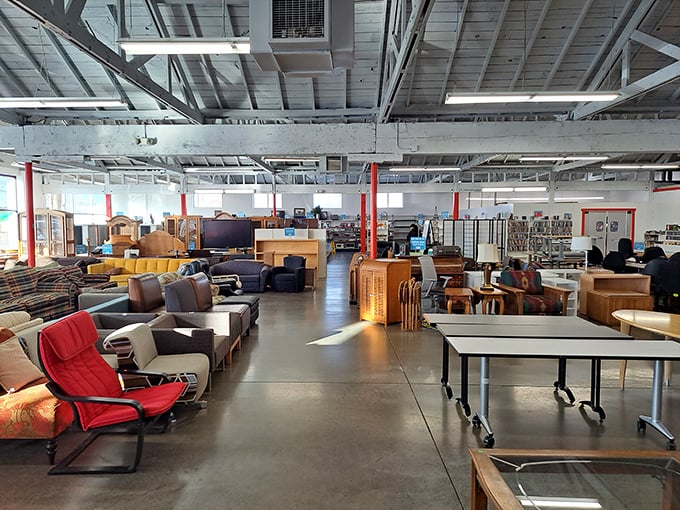 Wide aisles and warehouse heights mean you can actually breathe while hunting for that perfect mid-century modern masterpiece.