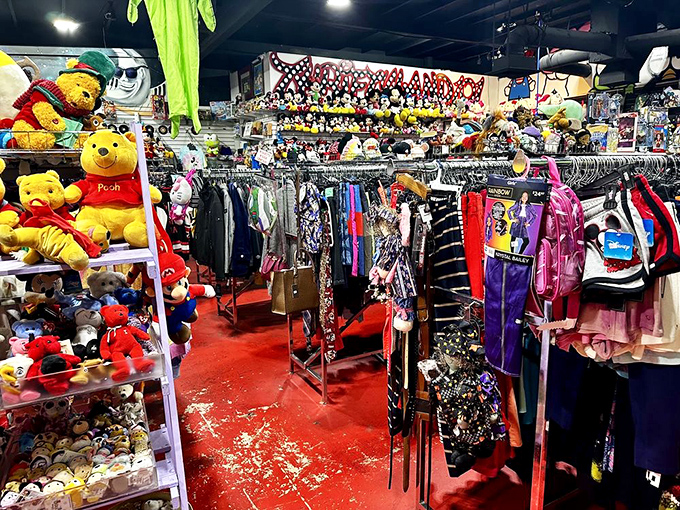 A wonderland of organized chaos awaits inside, where clothing racks create pathways through a sea of potential finds.