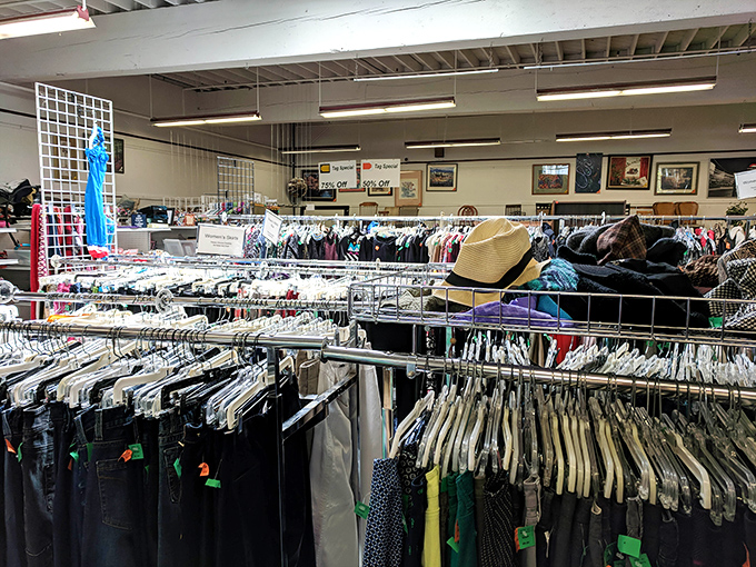 Not your grandmother's thrift store. This expansive clothing section rivals department stores in organization and variety.