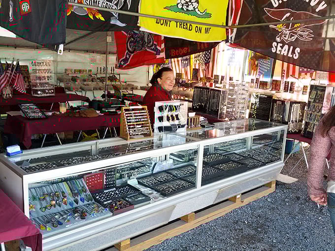 Beneath a canopy of colorful flags, jewelry cases gleam with potential keepsakes. Every piece has a story—and possibly your name on it.