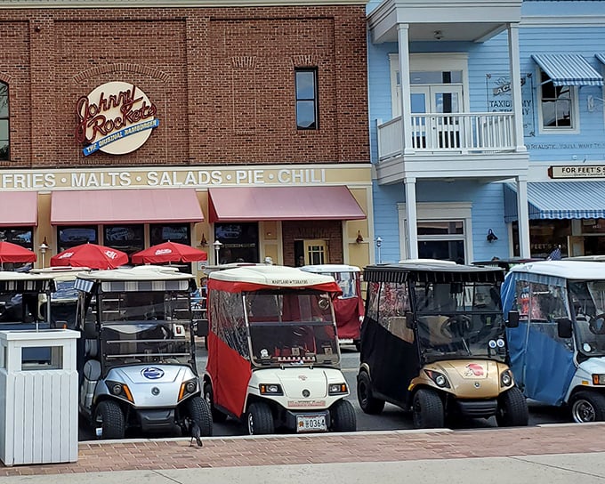 Johnny Rockets stands ready to serve, while the real show is the colorful parade of personalized golf carts outside&mdash;retirement's answer to custom hot rods.