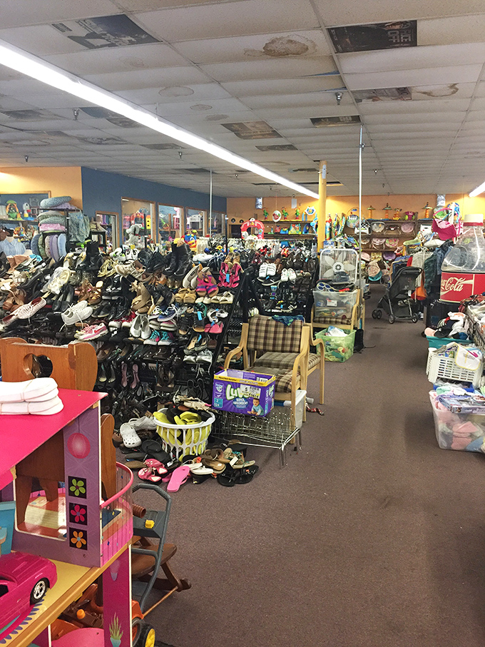 The footwear section could outfit a small army of children, from first steps to first dates, all without the financial commitment of retail prices.