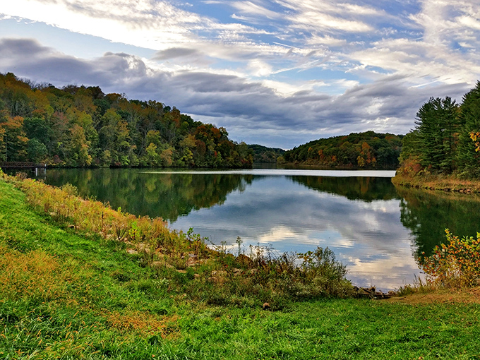 Mirror, mirror on the lake&mdash;Dow Lake's glass-like surface perfectly captures Ohio's rolling hills in a display that would make Bob Ross reach for his paintbrush.