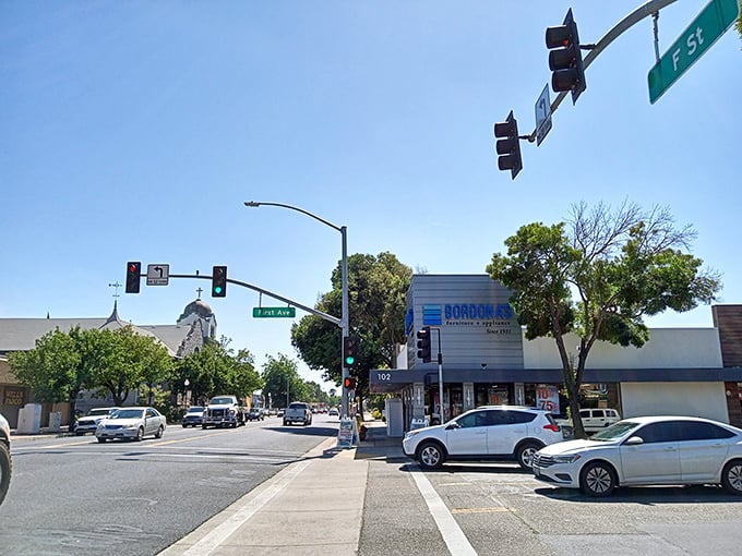 F Street serves as Oakdale's main artery, where locally-owned businesses thrive under the California sun without a chain store in sight.