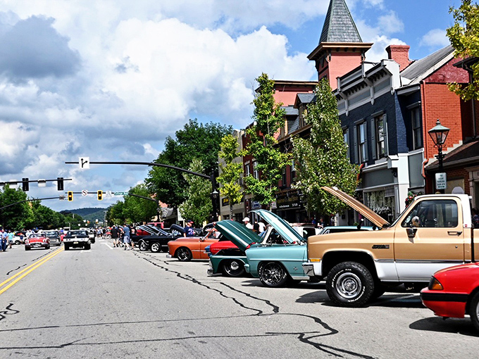 Classic cars line up along Third Street like a time-traveling car show, their polished hoods reflecting the charm of buildings that have witnessed generations of community life.