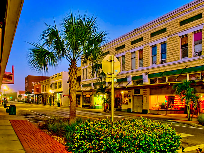 Sunset bathes Arcadia's historic buildings in golden light, creating a postcard-perfect streetscape where Florida charm meets small-town Americana.