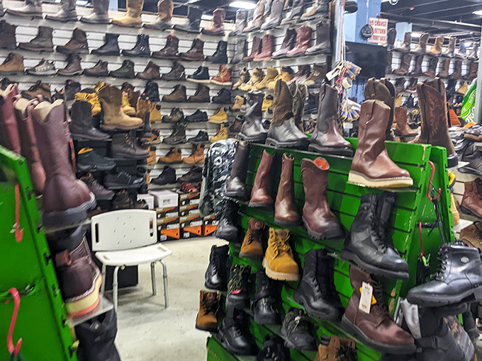 Boot paradise stretches to the ceiling, ready to outfit everyone from construction workers to aspiring cowboys.