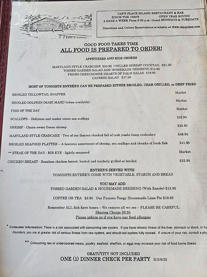 A menu that gets straight to the point: fresh seafood prepared with respect. No fancy descriptions needed when the ingredients speak for themselves.