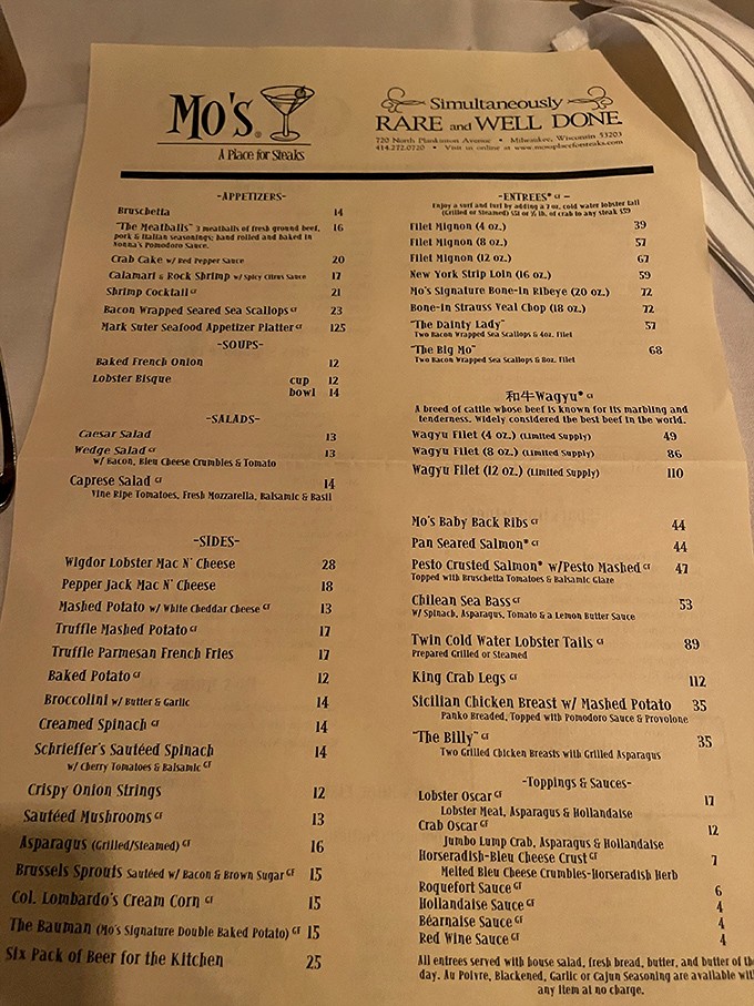 A menu that proudly declares itself "Simultaneously Rare and Well Done." Reading it feels like receiving an invitation to the carnivore's ball.