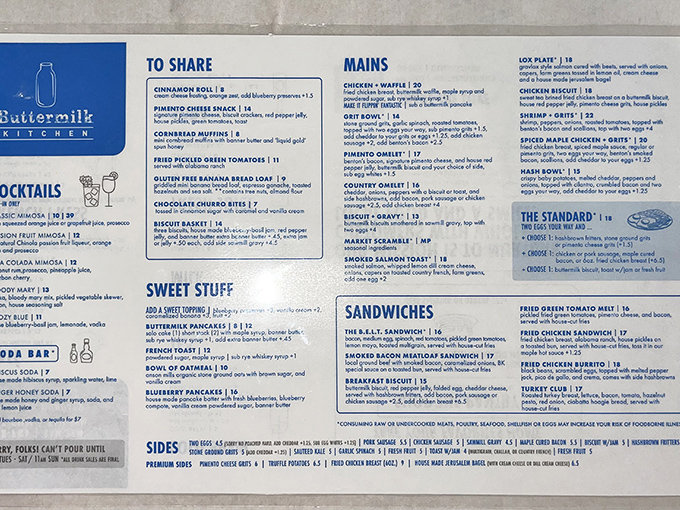 The menu reads like a love letter to Southern breakfast traditions, with each item promising the kind of satisfaction that makes Monday mornings bearable.