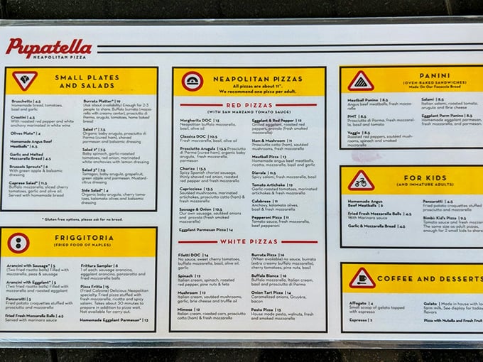 Menu simplicity that would make Marie Kondo proud. Each geometric section sparks joy for pizza lovers who appreciate organization.