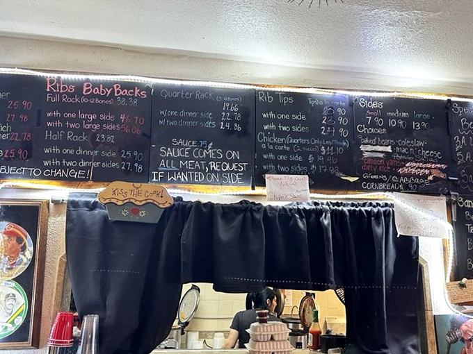 
The handwritten chalkboard menu tells you everything you need to know&mdash;this is serious barbecue that doesn't need fancy fonts to impress. 