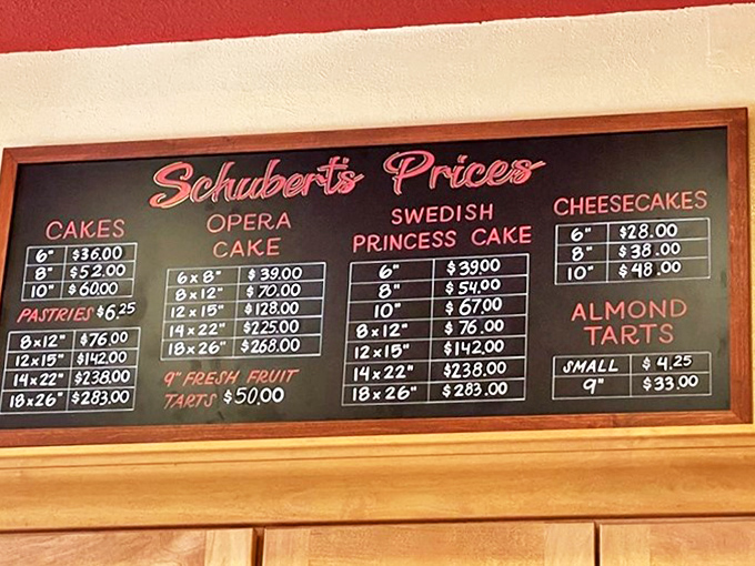 The menu board reveals Princess Cake prices that prove royal treatment doesn't require a royal budget.
