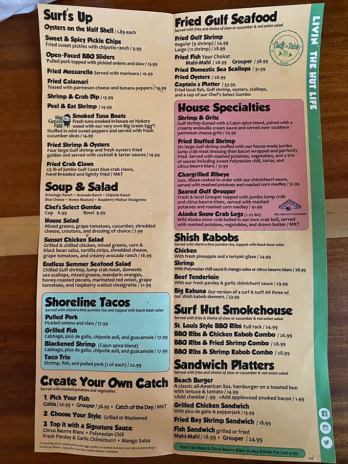 The menu reads like a love letter to Gulf seafood, with those legendary crab claws front and center where they belong.