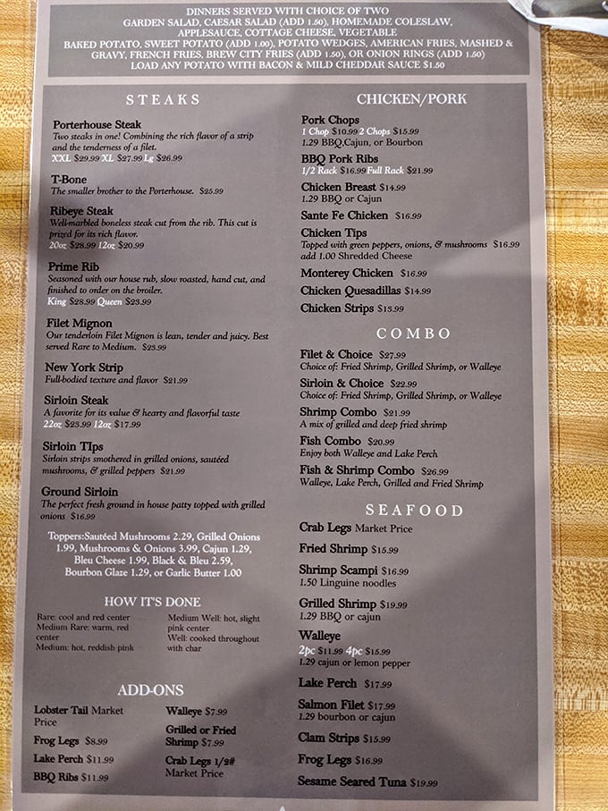 A menu that reads like poetry to meat lovers. The prime rib description alone might bring a tear to your eye.