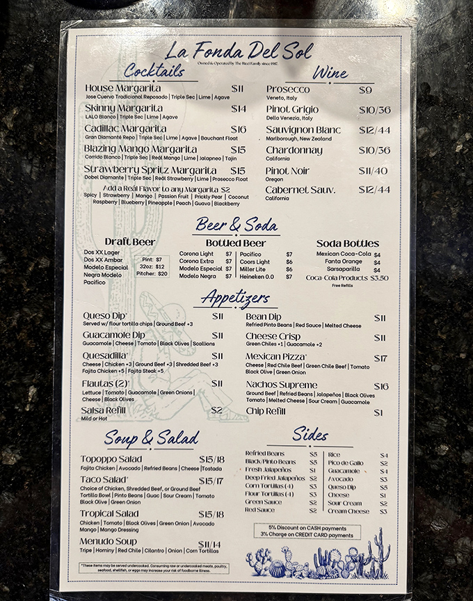 A menu that reads like a love letter to Mexican cuisine, offering everything from classic enchiladas to specialty margaritas that'll make you say "uno más."